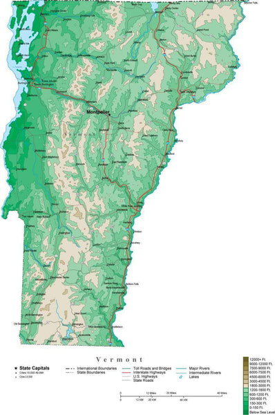 Vermont Contour Map in Adobe Illustrator Digital Vector Format