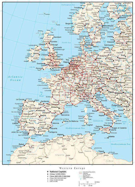 Western Europe Map with Countries, Cities, and Roads