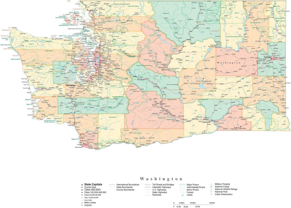 State Map of Washington in Adobe Illustrator vector format. Detailed ...