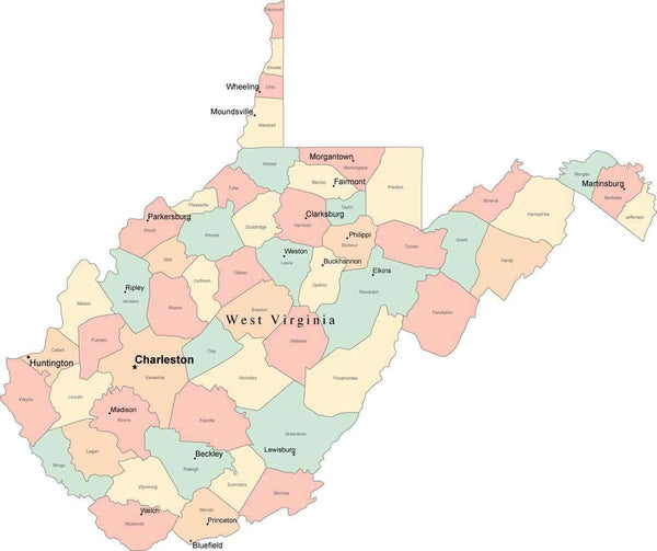 Multi Color West Virginia Map with Counties, Capitals, and Major Citie