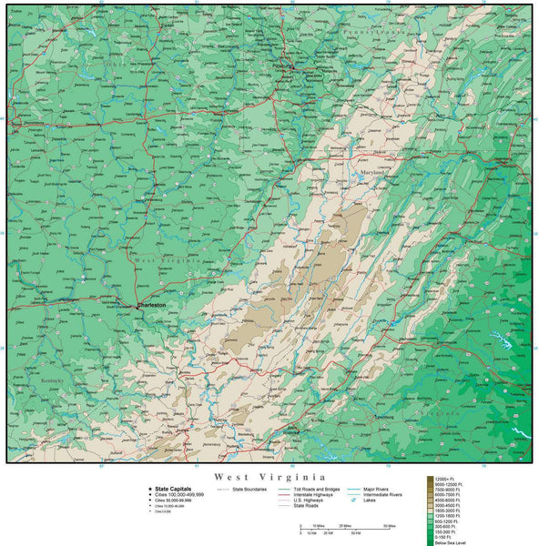 Digital West Virginia Contour map in Adobe Illustrator vector format WV ...