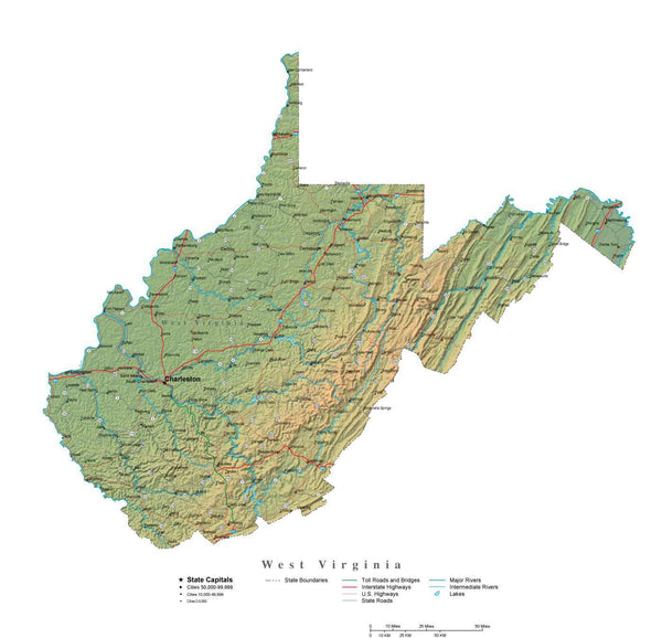 West Virginia Illustrator Vector Map with Cities, Roads and Photoshop ...