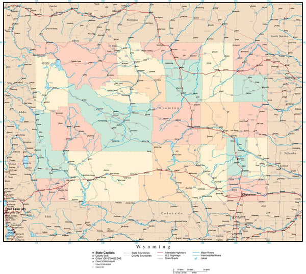 Wyoming Adobe Illustrator Map with Counties, Cities, County Seats ...