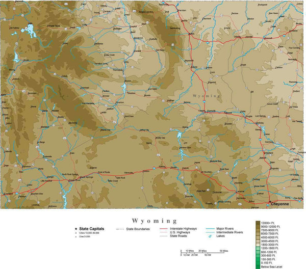 Large Detailed Elevation Map Of Wyoming State With Roads