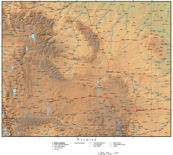 Wyoming State Map Plus Terrain with Cities & Roads