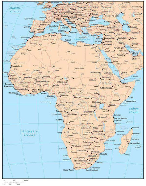 Single Color Africa Map with Countries, Major Cities