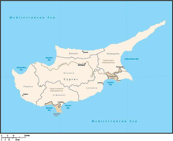 Cyprus Map with Administrative Areas and Capitals
