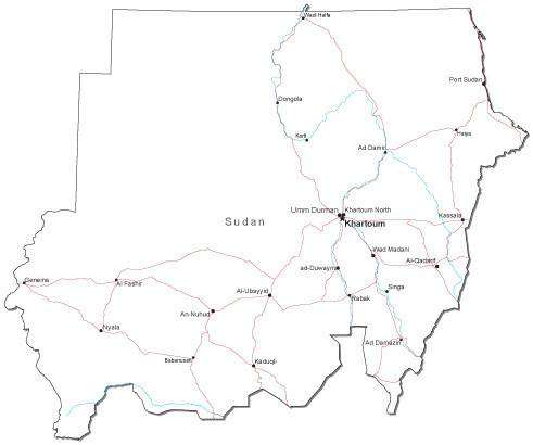 Sudan Black & White Road map in Adobe Illustrator Vector Format