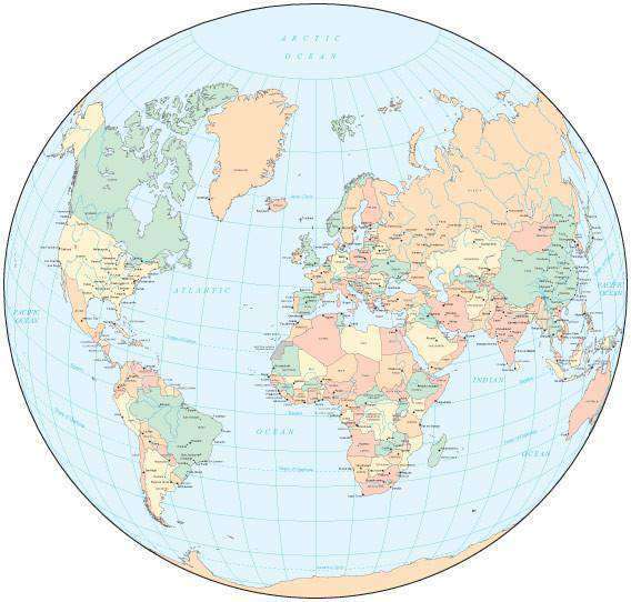 World Map - Multi Color with Countries, Capitals, Major Cities and Wat